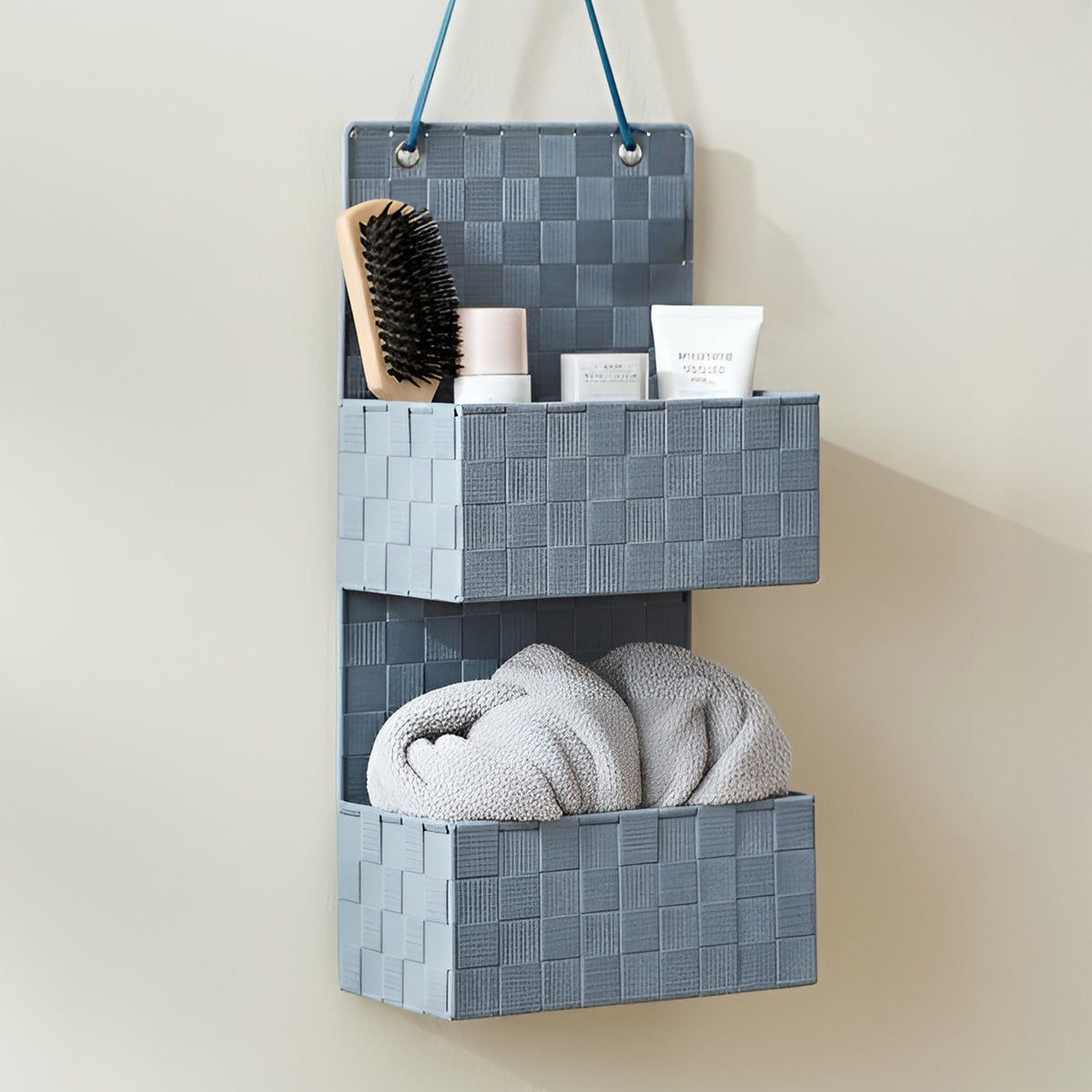 Material: Nylon Design: Hanging storage box Pattern: Blue Polka dots ...