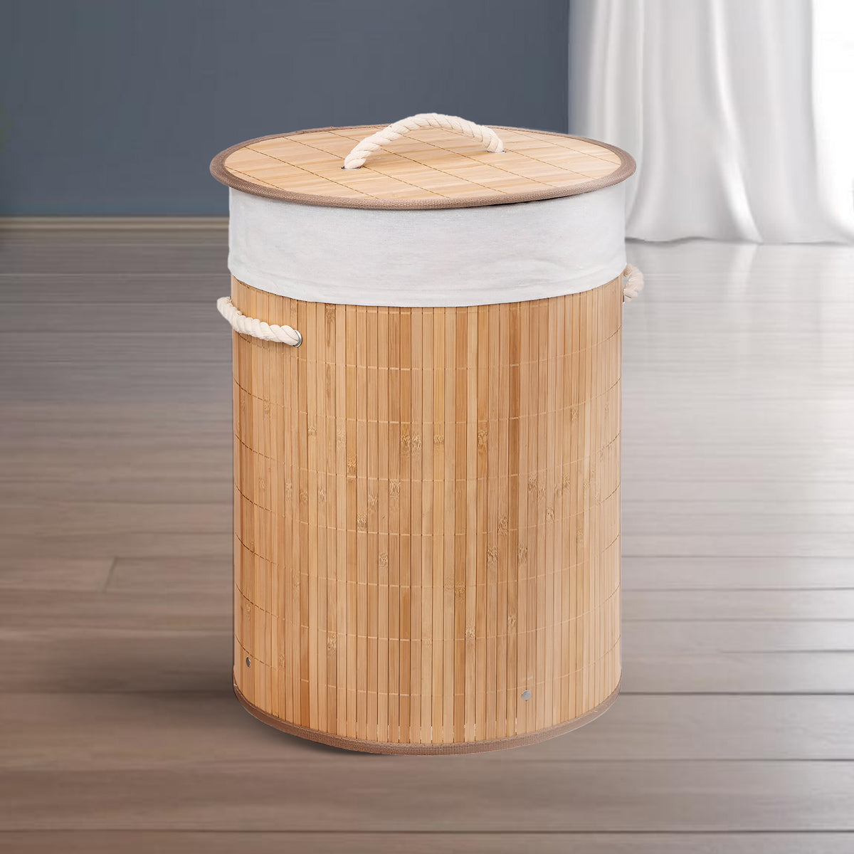 Material: Bamboo Shape: Round Design: Foldable with lid Color: Brown ...