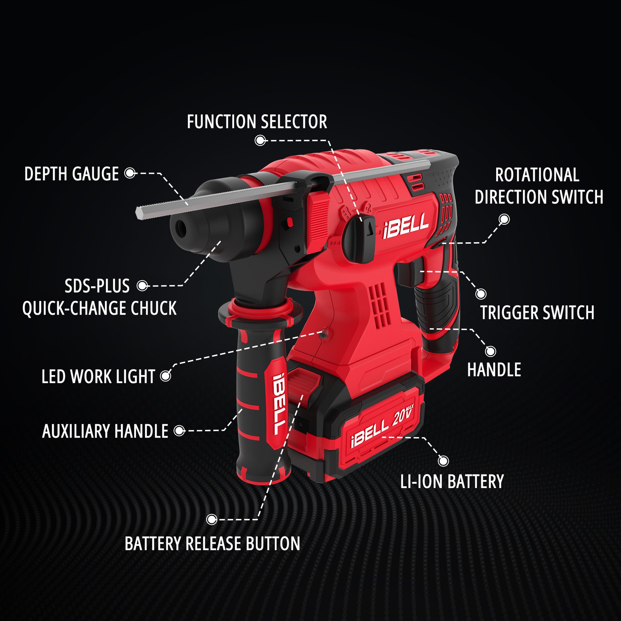 iBell BH22-47 Cordless Rotary Hammer Drill Brushless|20V DC Battery|13 ...