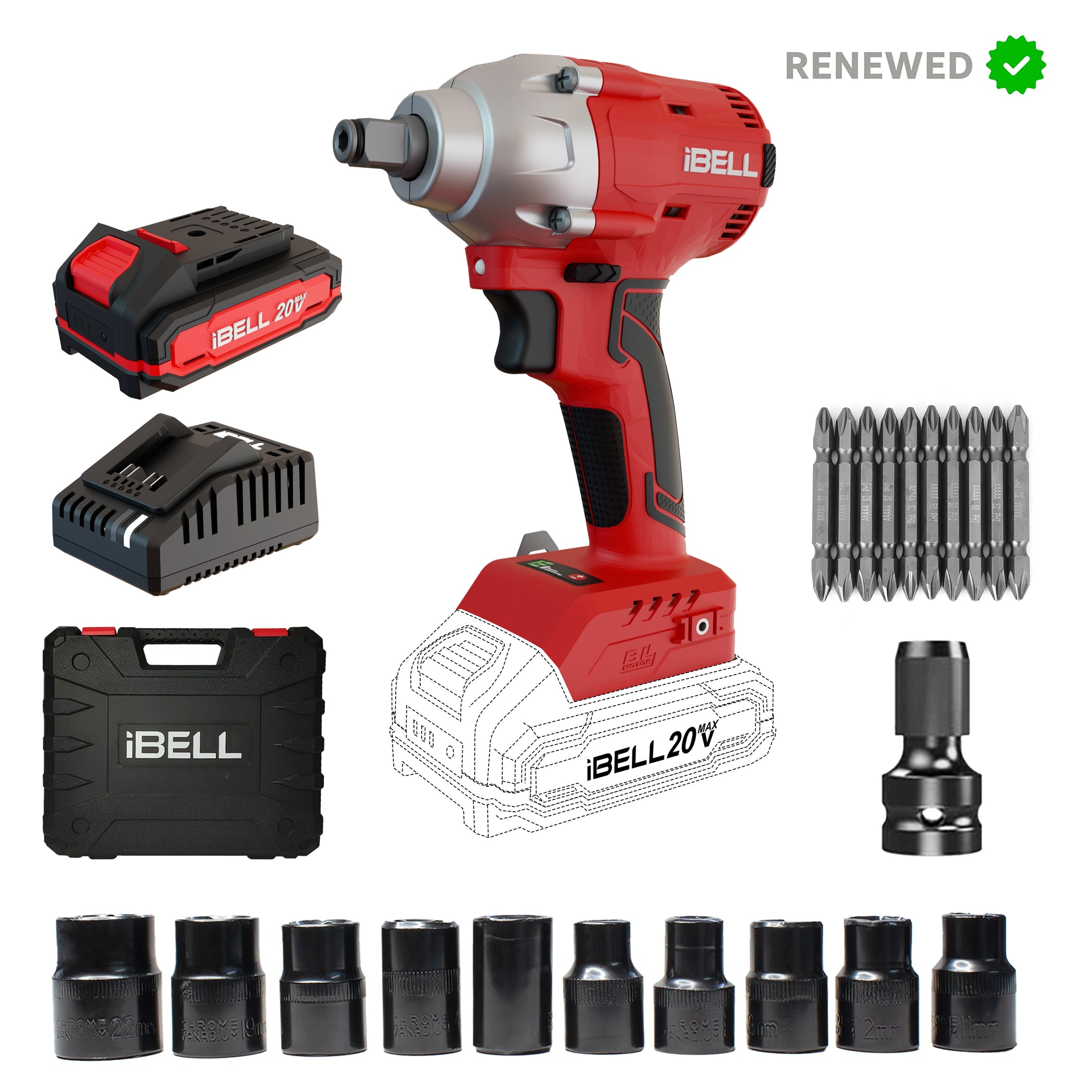 RENEWED - IBELL One Power Series Cordless Impact Wrench BW20-32, 20V B ...