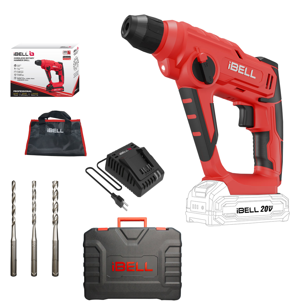 iBELL One Power Series Cordless Rotary Hammer Drill CH20-10 | 20V, 2.0 ...