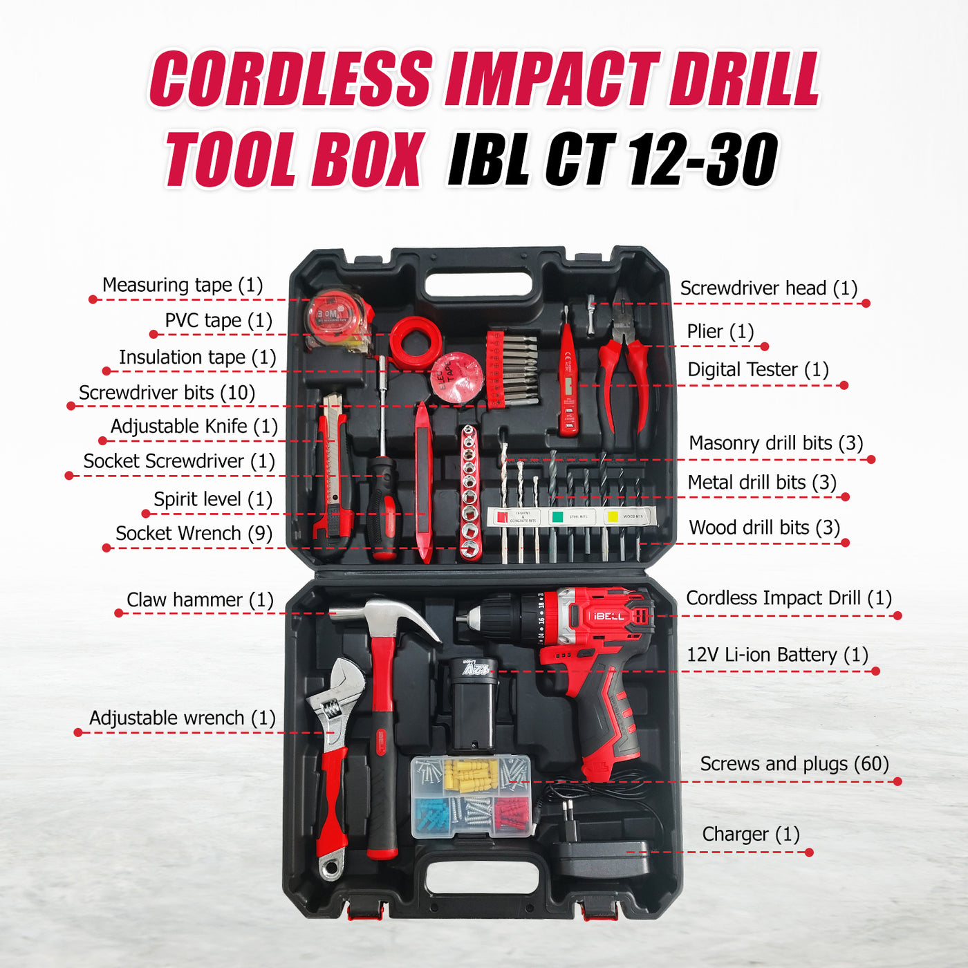 iBELL CT12-30 Cordless Impact Drill Tool Kit with 101 Home Essential T ...