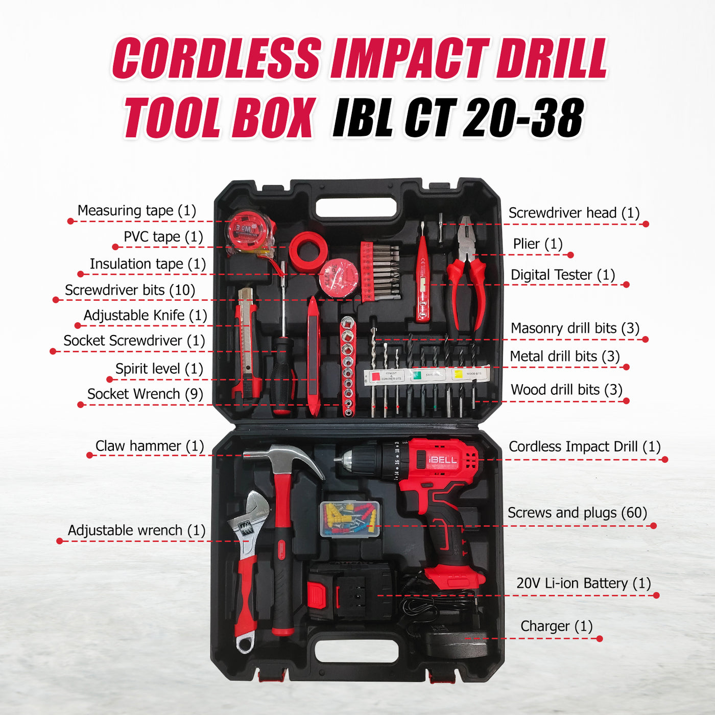 iBELL CT20-38 Cordless Impact Drill Tool Kit with 101 Home Tools | 20V ...