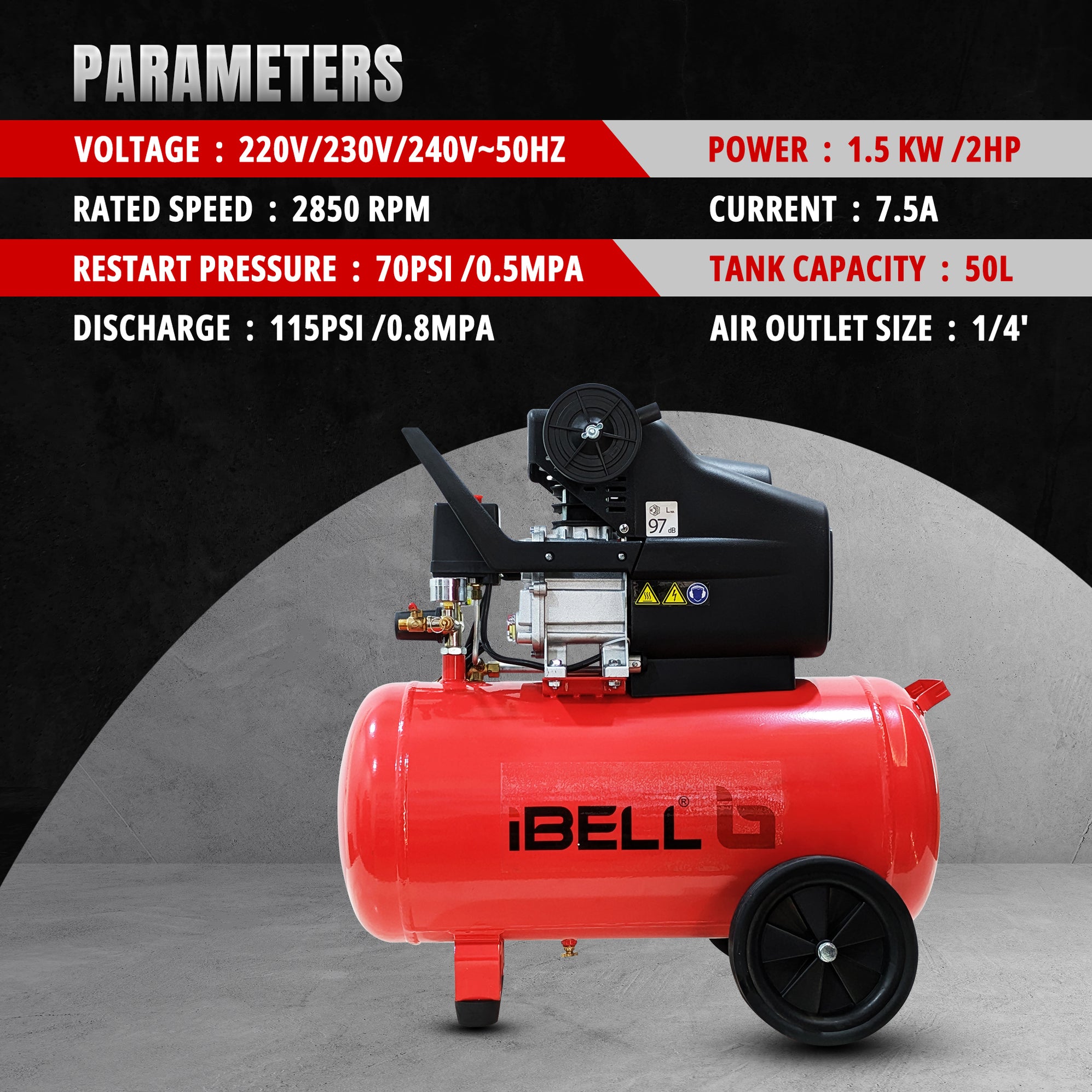 IBELL DDC50L 2.0HP Air compressor with 50L tank capacity and discharge ...
