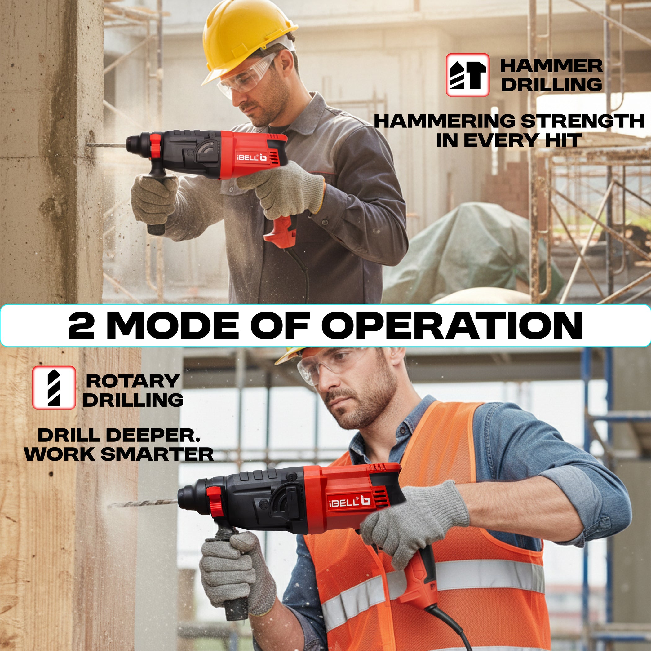 iBELL IBL RH20-39 Rotary Hammer Drill|500W,0-850 RPM,1.5J Impact Energ ...