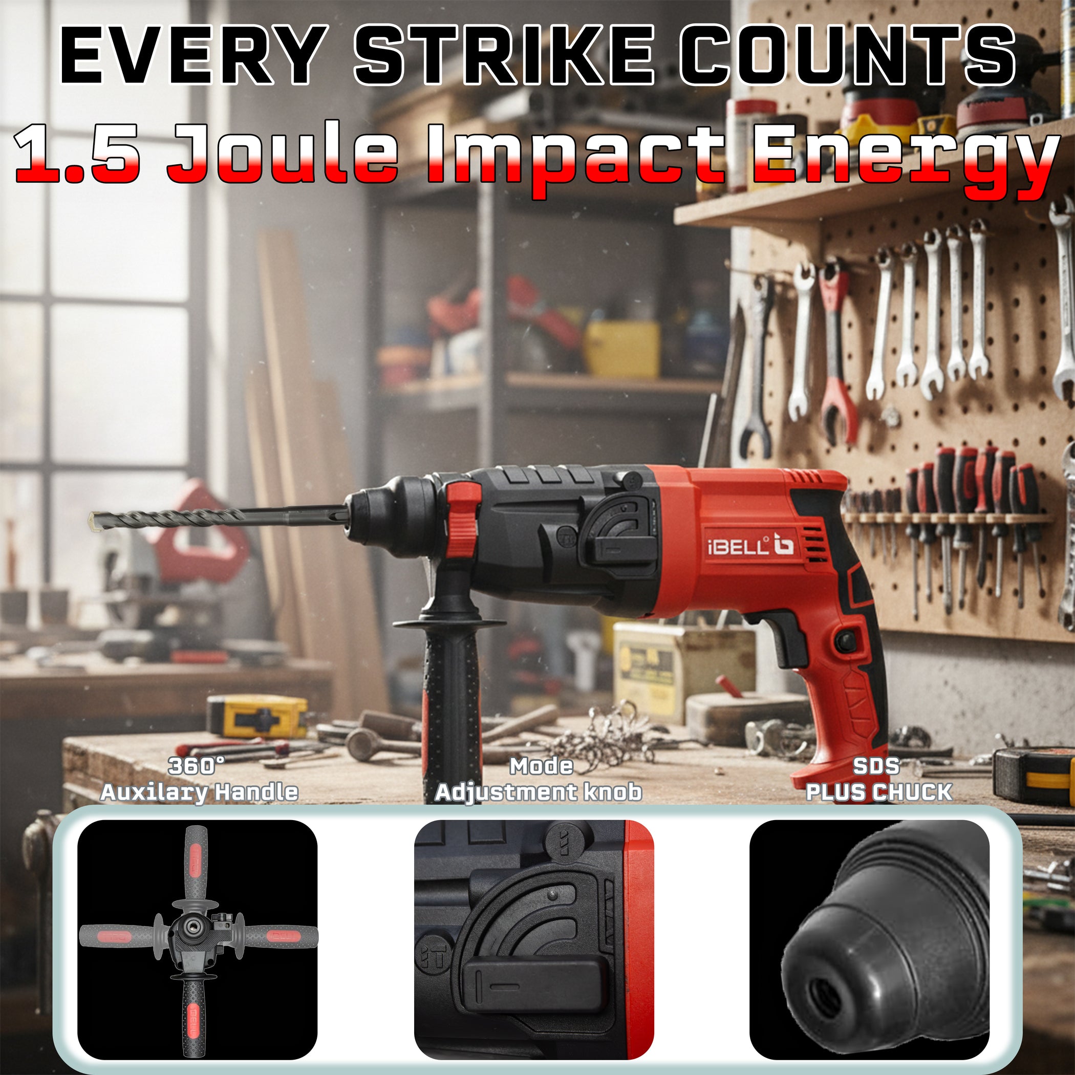 iBELL IBL RH20-39 Rotary Hammer Drill|500W,0-850 RPM,1.5J Impact Energ ...