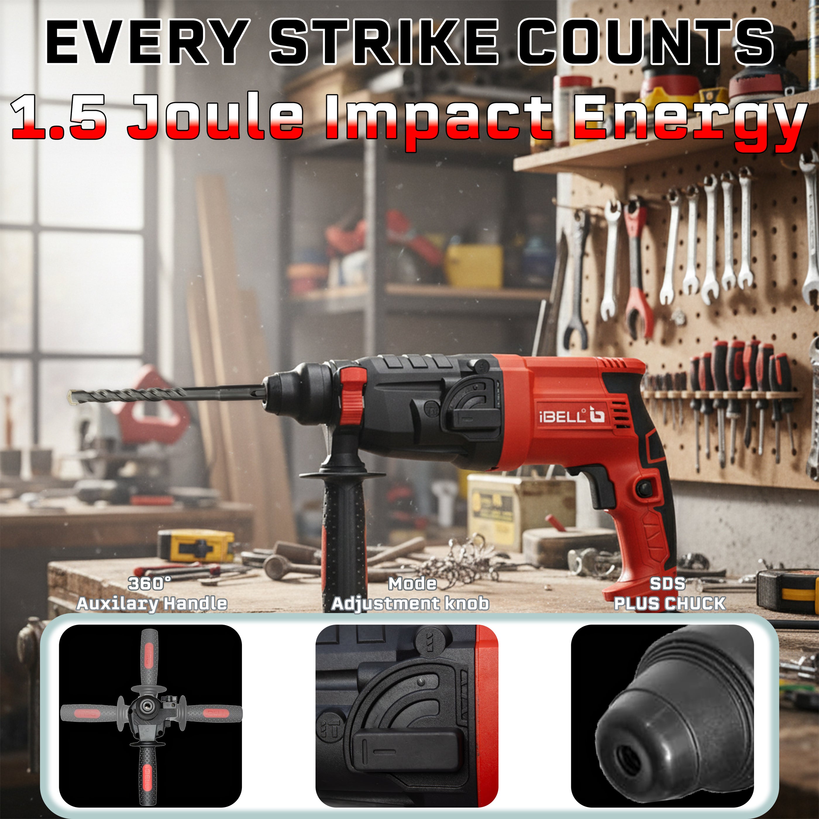 iBELL IBL RH20-39 Rotary Hammer Drill|500W,0-850 RPM,1.5J Impact Energ ...