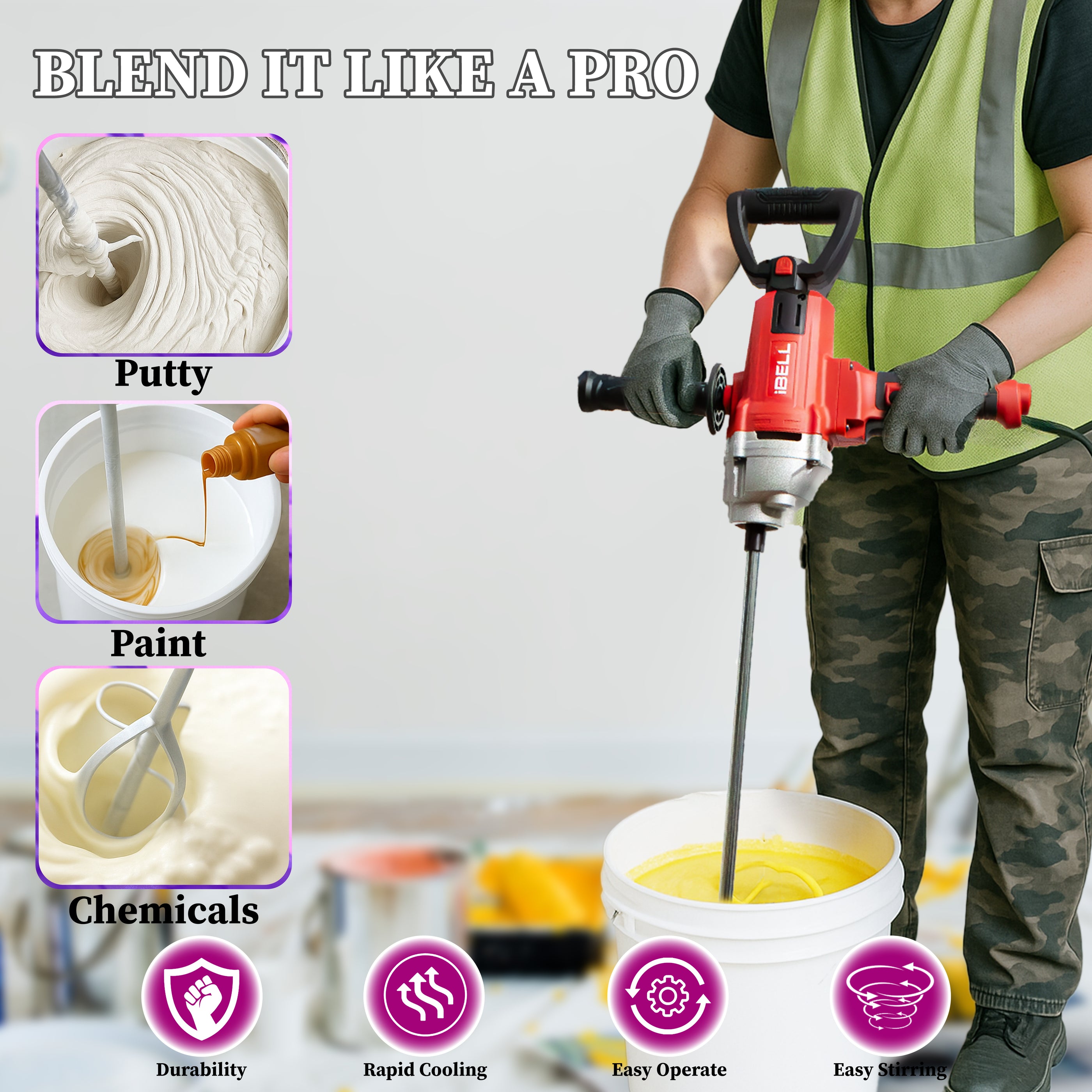 IBELL Handheld Paint Mixer Electric Stirrer Paint Cement Putty Paste F ...