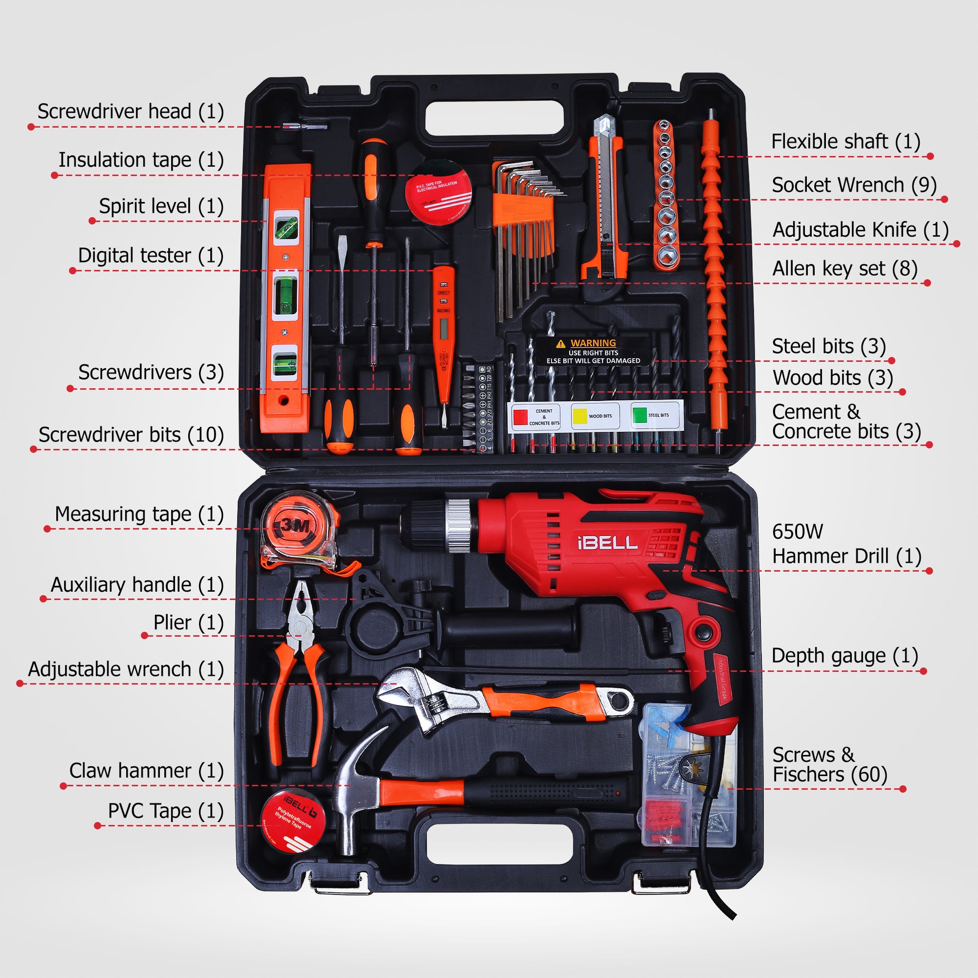 iBELL TD13-100, 650 W Professional Tool Kit (Pack of 115) - 6 Months W ...
