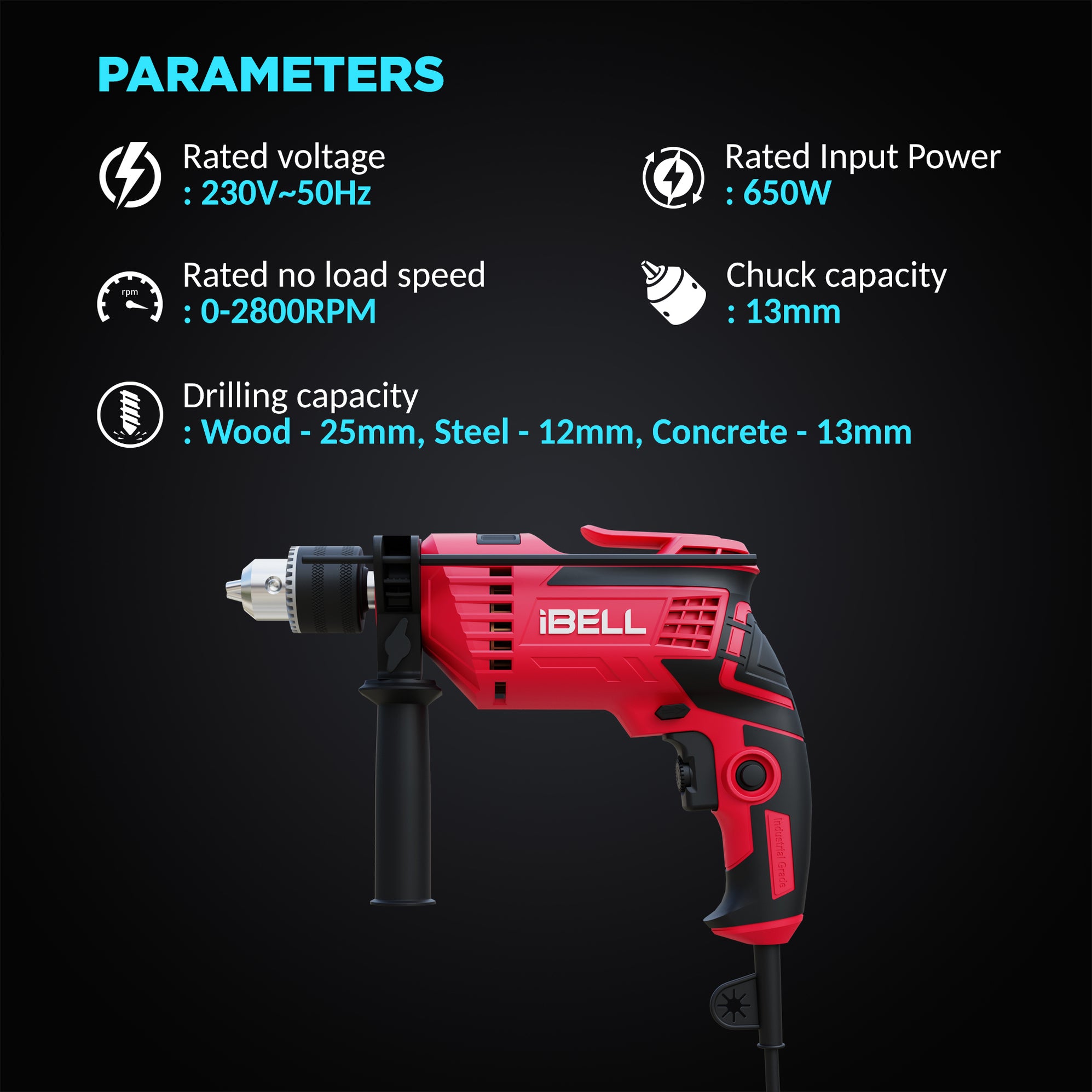 IBELL Professional Tool Kit with Impact Drill TD13-85, 650W, Copper Ar ...