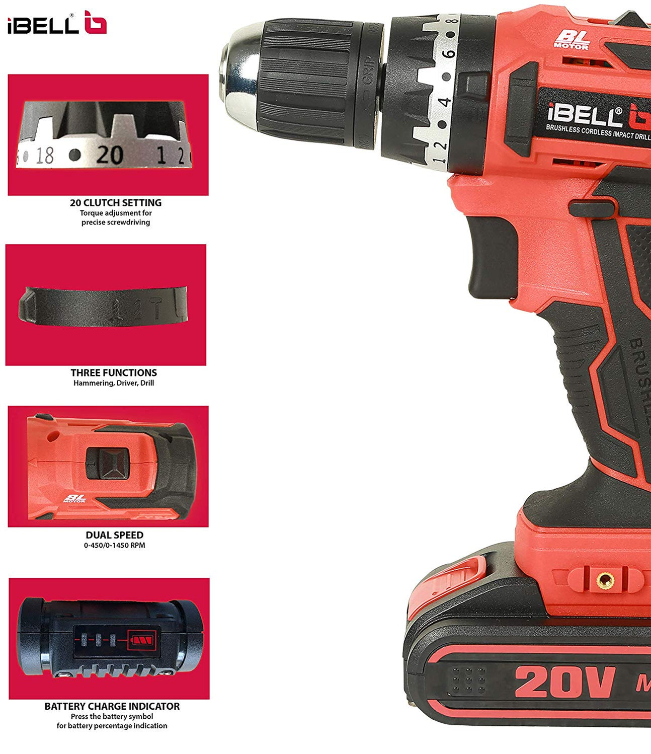 iBELL BM18-60 20V Brushless Impact Driver Drill (Cordless) with 2 Batt — ibelltools
