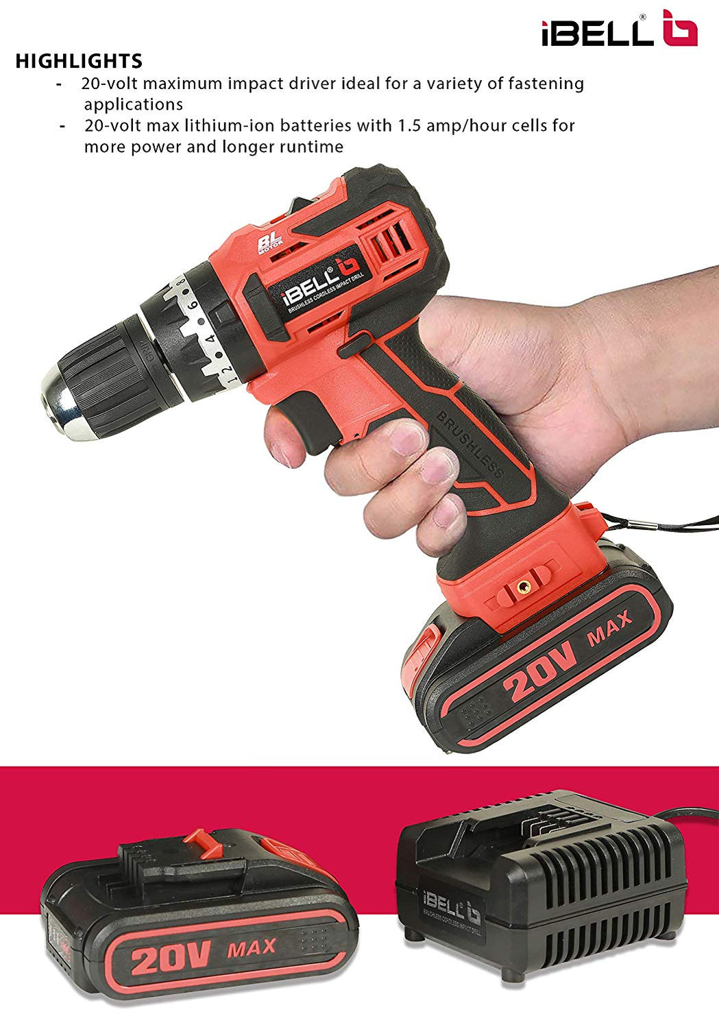 iBELL BM18-60 20V Brushless Impact Driver Drill (Cordless) with 2 Batt ...