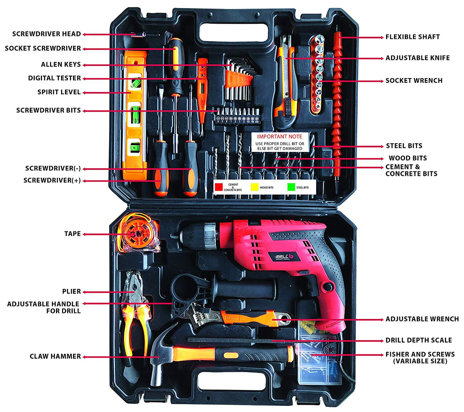 iBELL TD13-100, 650 W Professional Tool Kit (Pack of 115) - 6 Months W ...